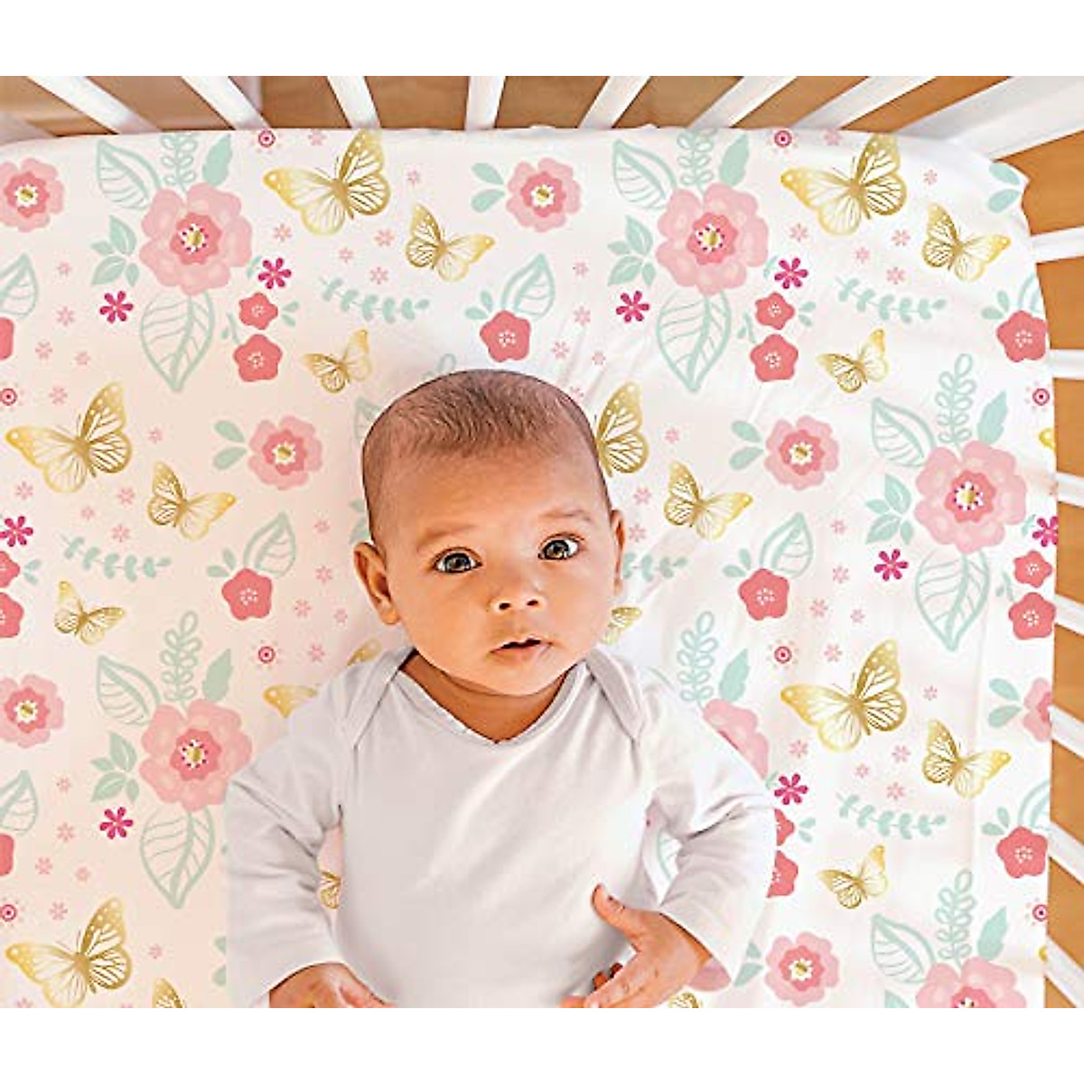 The Peanutshell Aflutter Crib Bedding Set for Baby Girls - 3 Piece Floral Nursery Set - Baby Blanket, Crib Sheet, Crib Skirt