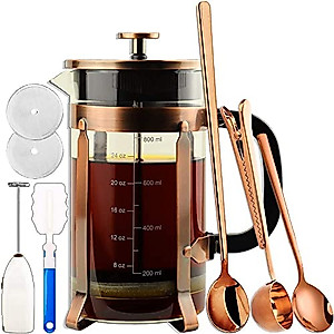 ADAMITA French Press Coffee Maker 8 cups 34 oz 304 Stainless Steel Coffee Press with 4 Filter Screens, Easy Clean Heat Resistant Borosilicate Glass - Free 100% BPA (A-Style-Copper-2A, 34 oz)