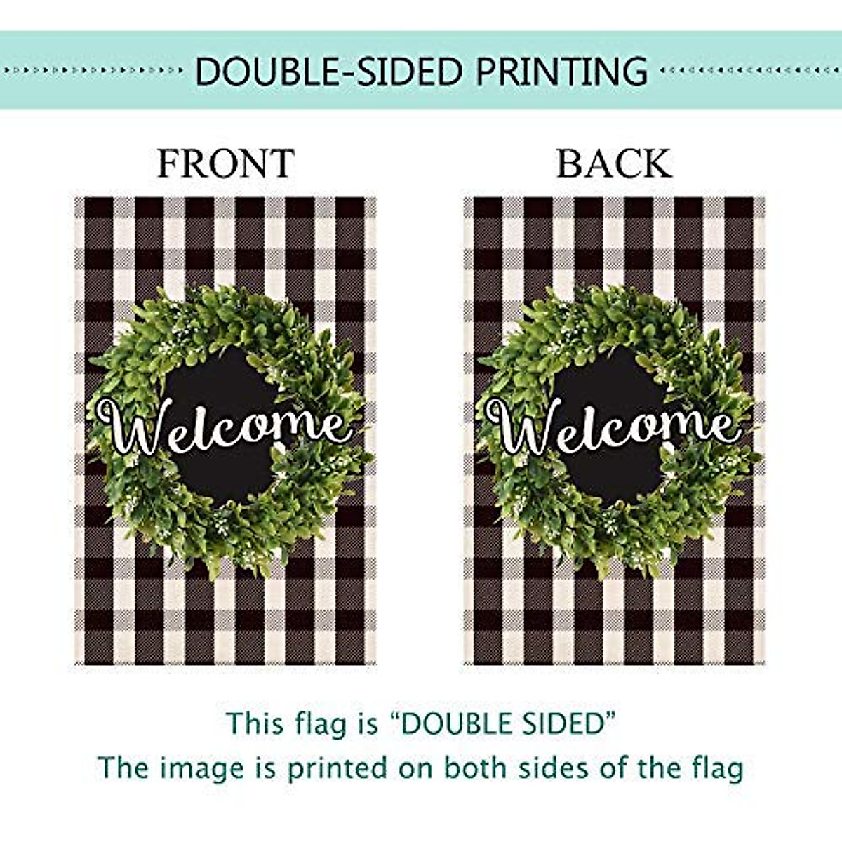 Baccessor Boxwood Wreath Welcome Garden Flag Double Sided, Buffalo Plaid Check Spring Fall Yard Flag Burlap, Small Farmhouse Rustic Flags for Outdoor Outside Decoration 12 x 18 Inch