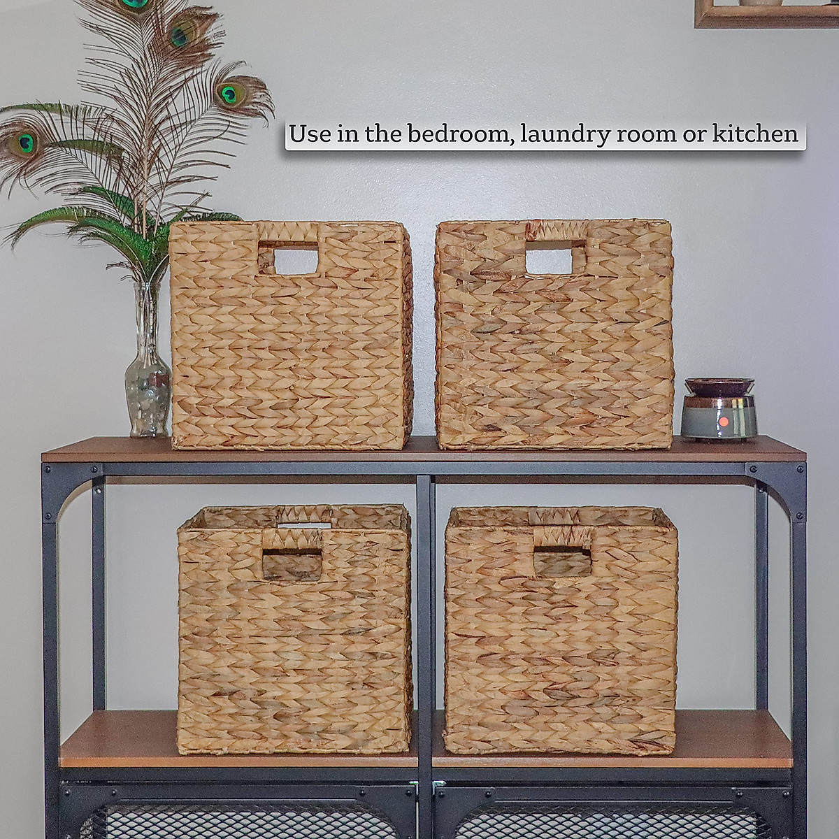 12" Foldable Hyacinth Storage Basket with Iron Wire Frame and Removable Liner By Trademark Innovations (Set of 4)