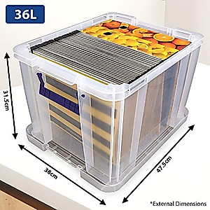 3 Bankers Box 36L Plastic Storage Box with Lids, ProStore Super Strong Stackable Plastic Storage Boxes (31.5 x 47.5 x 38cm), Clear
