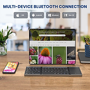 HAMOPY Foldable Keyboard, Leather Tri-Folding Wireless Portable Bluetooth Keyboard with Sensitive Touchpad Mouse (Sync Up to 3 Devices), Mini Rechargeable Travel Keyboard for Windows Mac Android iOS