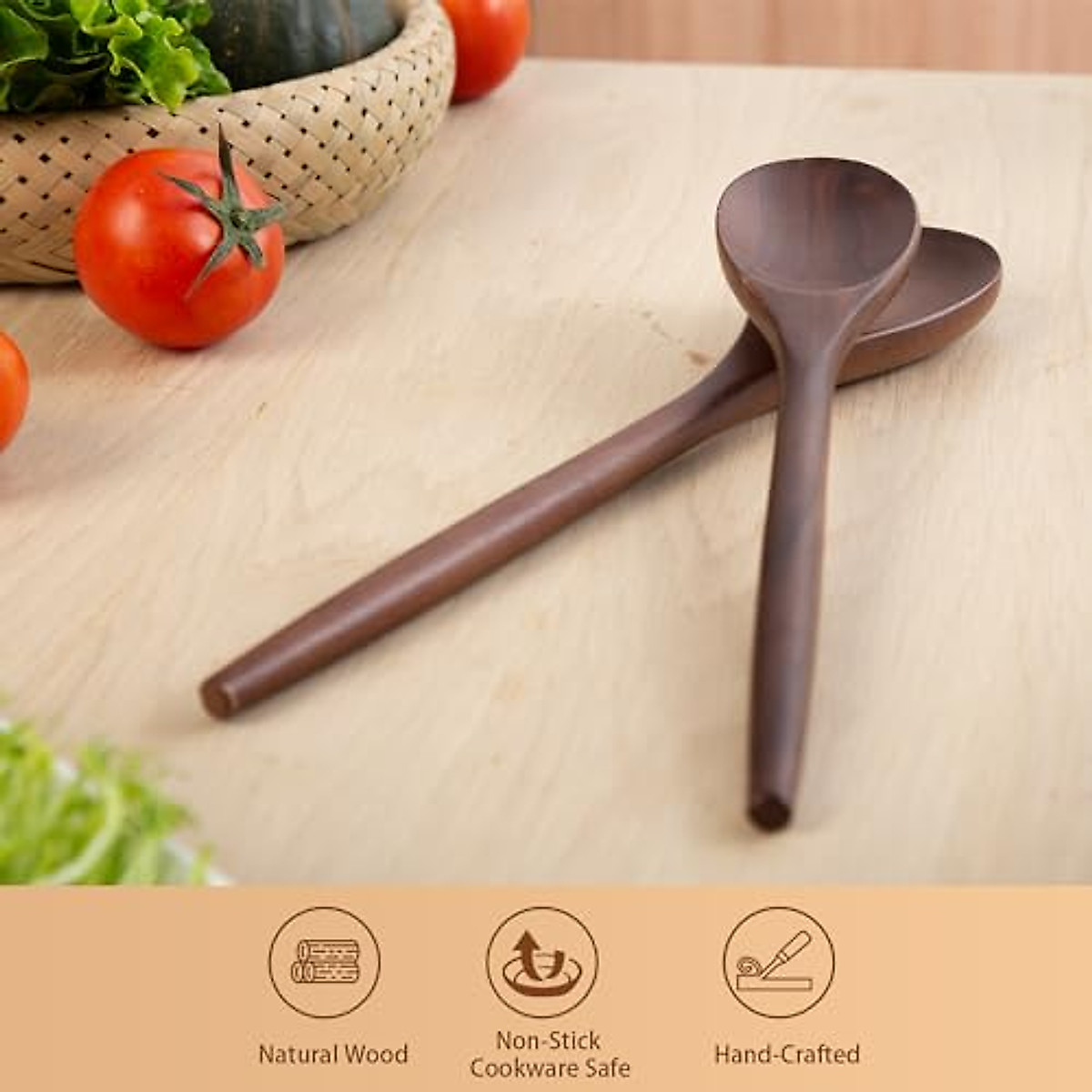 Wooden Cooking Spoons Set, 14 Inch Walnut Wood Spoon for Mixing Salad Soup Stirring, Nonstick Cookware Serving Scoop Kitchen Cooking Utensil Long Handle Comfortable Grip and Smooth Finish (2 Pieces)