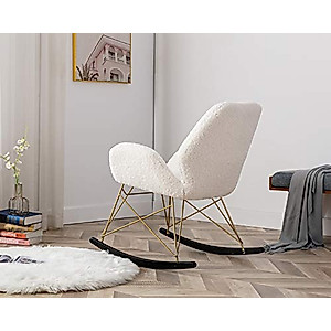 White Rocking Chair Faux Fur Soft Fabric Rocker Chair for Nursery Recliner Lounge Chair Modern Indoor Armchair for Living Room Bedroom