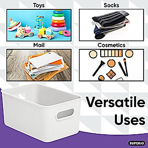 Superio Small Decorative Storage Bin (4 Pack)- Closet, and Shelf Plastic Storage Basket Organizer for Home, Toys, and Pantry- Ribbed Design, 5 Liter, Grey and White
