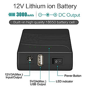 Talentcell Rechargeable 12V 3000mAh Lithium ion Battery Pack for LED Strip, CCTV Camera and More, DC 12V/5V USB Dual Output External Battery Power Bank with Charger, Black