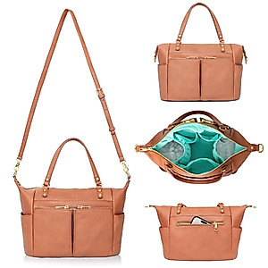 MOMINSIDE Small Diaper Bag Tote, Mini Diaper Bag Purse with 13 Pockets, Leather Crossbody Diaper Bag, Diaper Clutch Organizers,2 Insulated Pockets(Brown)