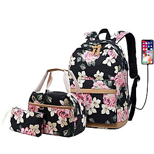 Canvas School Backpack Teens Backpack School Bag Backpack for School Book Bag set (Floral-black)
