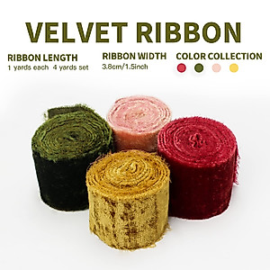 Velvet Ribbon for Gift Wrapping 4 Rolls 1.5 Inch Handmade Fringe Velvet Ribbons for Gift Wrapping Wedding Bouquet Invitation Cards DIY Crafts Frayed Velvet Ribbon for Decoration(4 Yards Total)