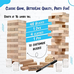 BETTERLINE Wooden Tower Stacking Blocks Drinking Game - 48 Pieces - Tumbling Tower for Adults - Friends Party Game, Bachelor Party, Bachelorette Party (48 Pieces)