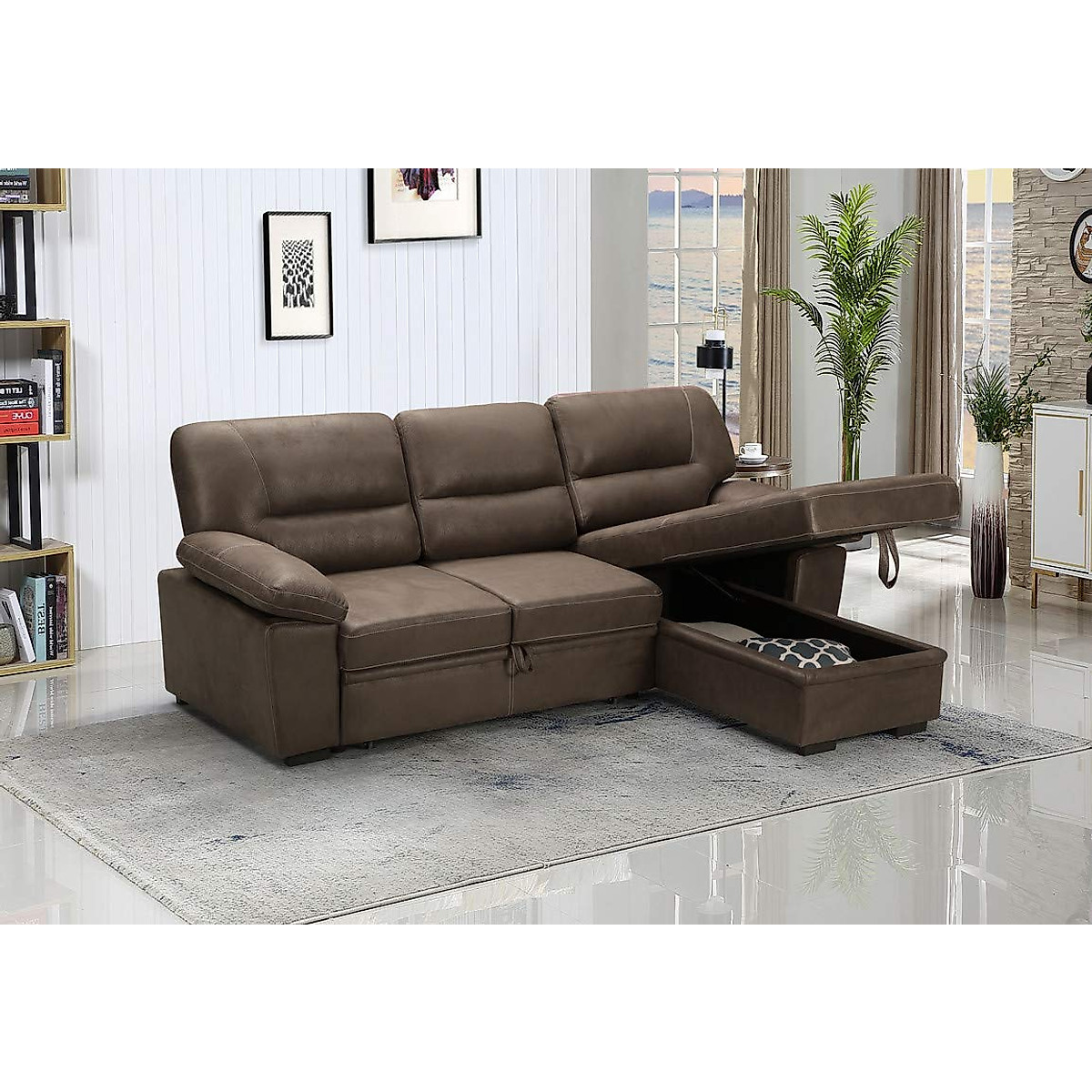 Lilola Home Kipling 99" W Saddle Brown Microfiber Reversible Sleeper Sectional Sofa Chaise