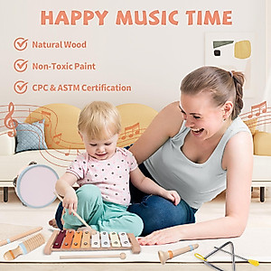 Baby Musical Instruments Set - Montessori Wooden 18 Month Old Baby Musical Toys Toddler Percussion Instruments Xylophone Maracas Tambourine for Kids, 2 3 4 Year Old Girls Boys Easter Birthday Gifts