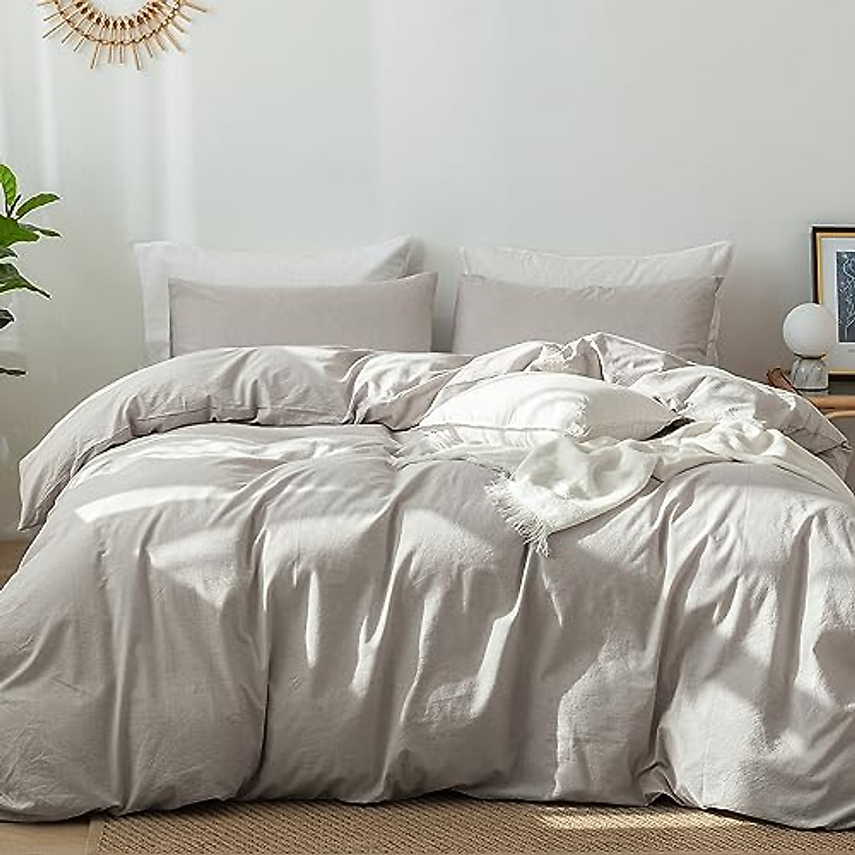 MooMee Bedding Duvet Cover Set 100% Washed Cotton Linen Like Textured Breathable Durable Soft Comfy (New Natural Linen, Queen)