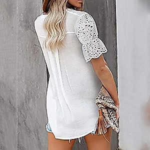 Women's Summer Sexy Lace Blouse Tops V Neck Crochet Eyelet Soft Short Sleeve Tee Tops Loose Fit 2022 Dressy T Shirt