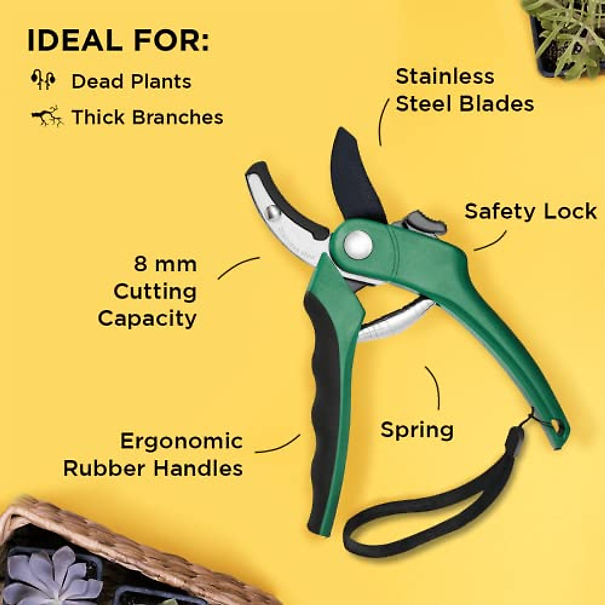 Nevlers 8" Anvil Pruning Shears for Gardening | Garden Clippers with Stainless Steel Blades & 8mm Cutting Capacity | Heavy Duty Gardening Tools | Hand Pruners for Gardening | Green Garden Pruners
