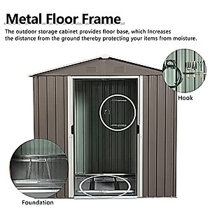 Outdoor Metal Storage Shed with Floor Frame,Metal Garden Shed with Sliding Door, Sun Protection, Waterproof, Tool Storage Shed, for Backyard, Patio, Lawn (Gray-6.23 x 4.3ft+Side Window)