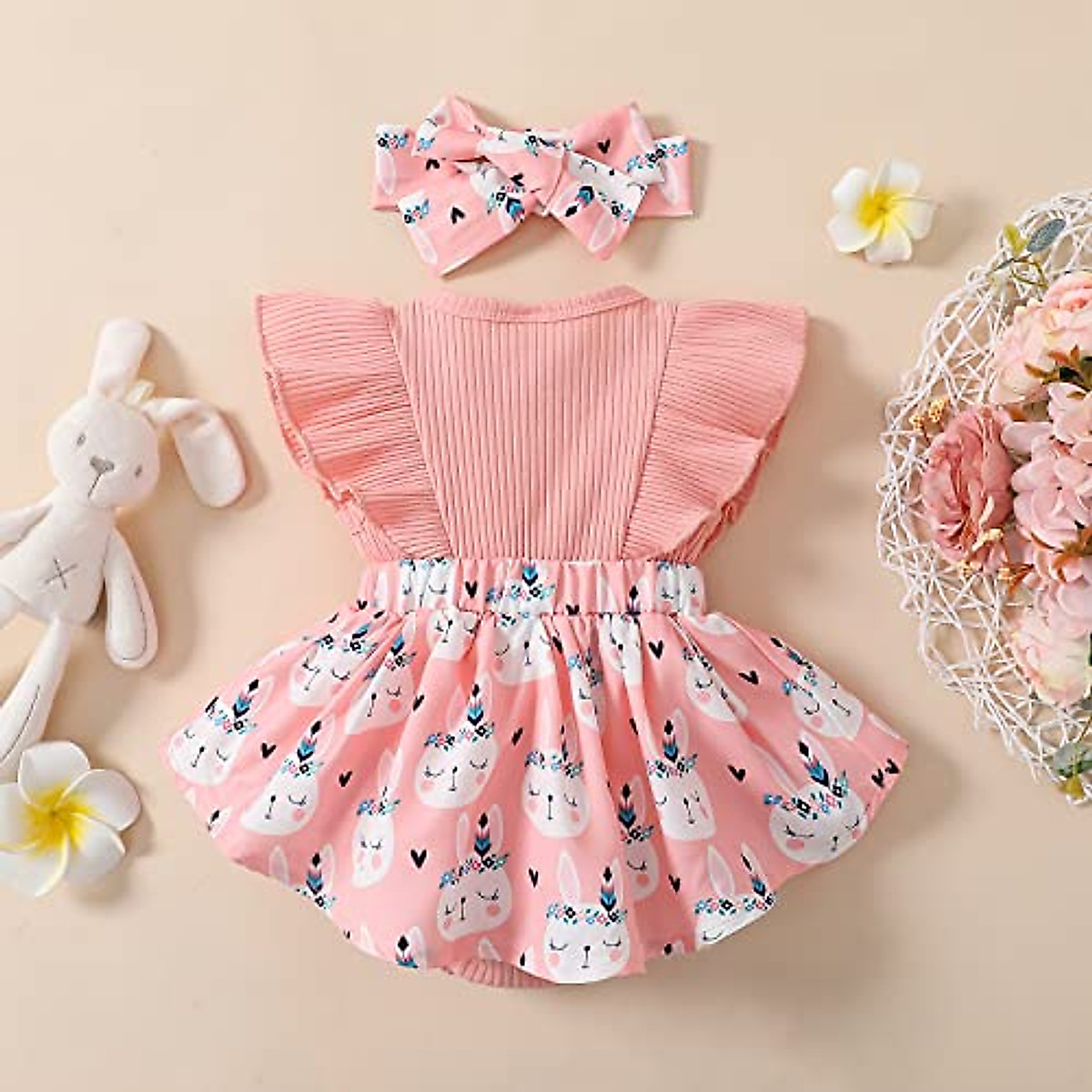 Tsnbre Easter Outfit Baby Girl Romper Fly Sleeve Ribbed Romper with Bunny Print Skirt 0 3 6 12 18 Newborn Clothes (Pink , 12-18 Months )