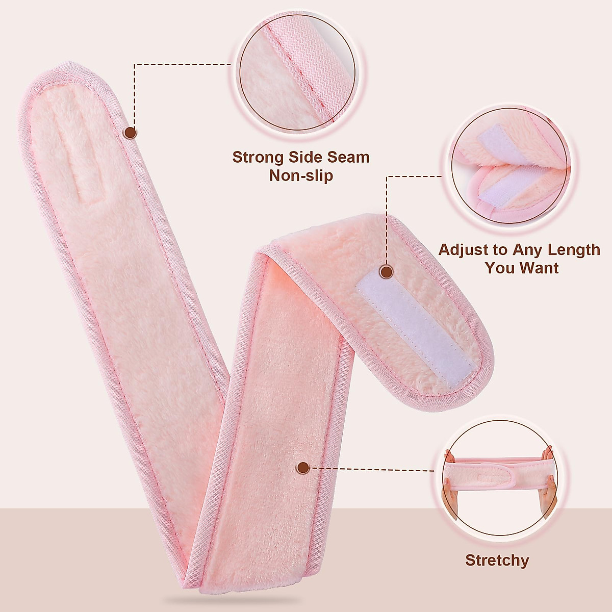 4 Pack Spa Headbands for Women, Lengthened Adjustable Makeup Headbands for Women's Hair, Stretch Flannel Headband for Washing Face, Wrap Towel for Skincare, Facial Mask, Bath and Sport with Magic Tape