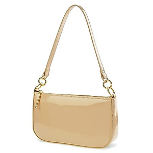 HOXIS Glossy Faux Patent Leather Women Shoulder Bag Shiny Clutch Crossbody Bag 90s Purse (Nude)