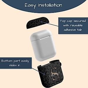 Artisticases Custom Leopard Monogram Initial Case Designed for AirPods Gen 1 & 2 / AirPods Pro Case, Cute Personalized Name Speckled Hard Cover with Free Keychain - Black