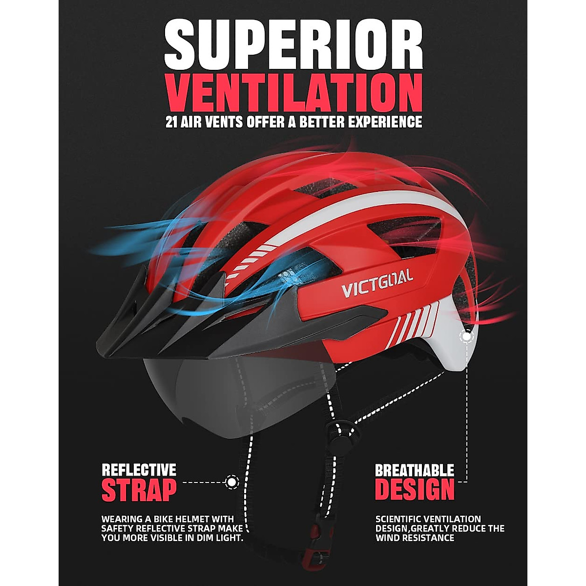 VICTGOAL Bike Helmet with USB Rechargeable Rear Light Detachable Magnetic Goggles Removable Sun Visor Mountain & Road Bicycle Helmets for Men Women Adult Cycling Helmets (L: 57-61 cm, Red)