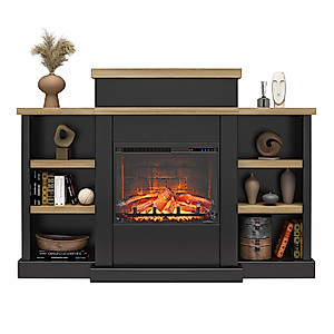 Ameriwood Home Gateswood 64 Inch Electric Fireplace with Mantel, Replaceable Fireplace Insert Heater, Shelves, Remote Control, Timer, Realistic Log and Flame Effect, Black
