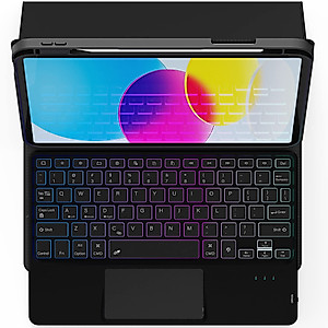For iPad 10th Generation Case with Keyboard (10.9", 2022) - 3-Zone 7 Color Backlit Detachable Trackpad Tablet Keyboard Cover - iPad 10th 10.9 inch Touchpad Keyboard Case with Pencil Holder Black
