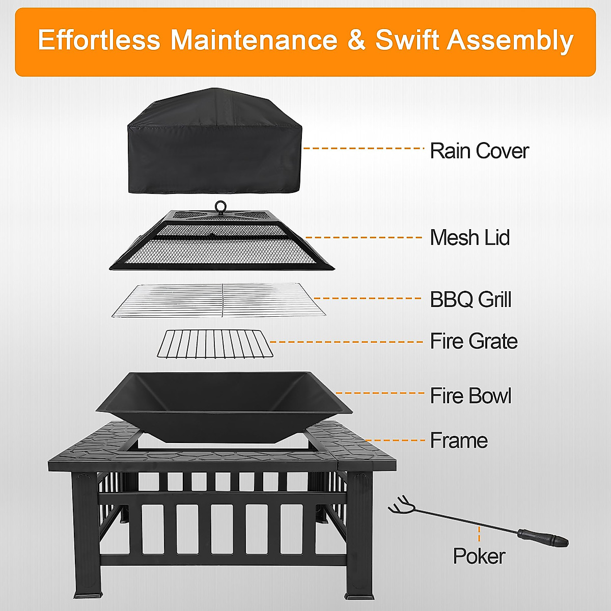 F2C 32 inch Outdoor Fire Pit Square Fireplace Metal Wood Burning Stove w/Waterproof Cover Poker, Patio Backyard Travel Camping BBQ Wood Burning