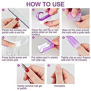 Gel Nail Polish Remover Tools Kit, 20 Toenail & Finger Nail Clips 120 Ml Push Down Pump Dispenser Bottle 200 Nail Remover Pads 200 Lint Free Nail Wipes Cuticle Pusher & Peeler Nail Brush 2 Nail Files