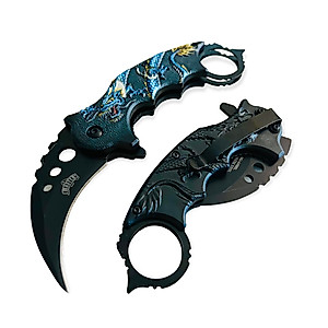 Super Knife Blue Dragon 8.5" Spring Assisted Folding Blade EDC Pocket Knife with Glass Breaker and Pocket Clip