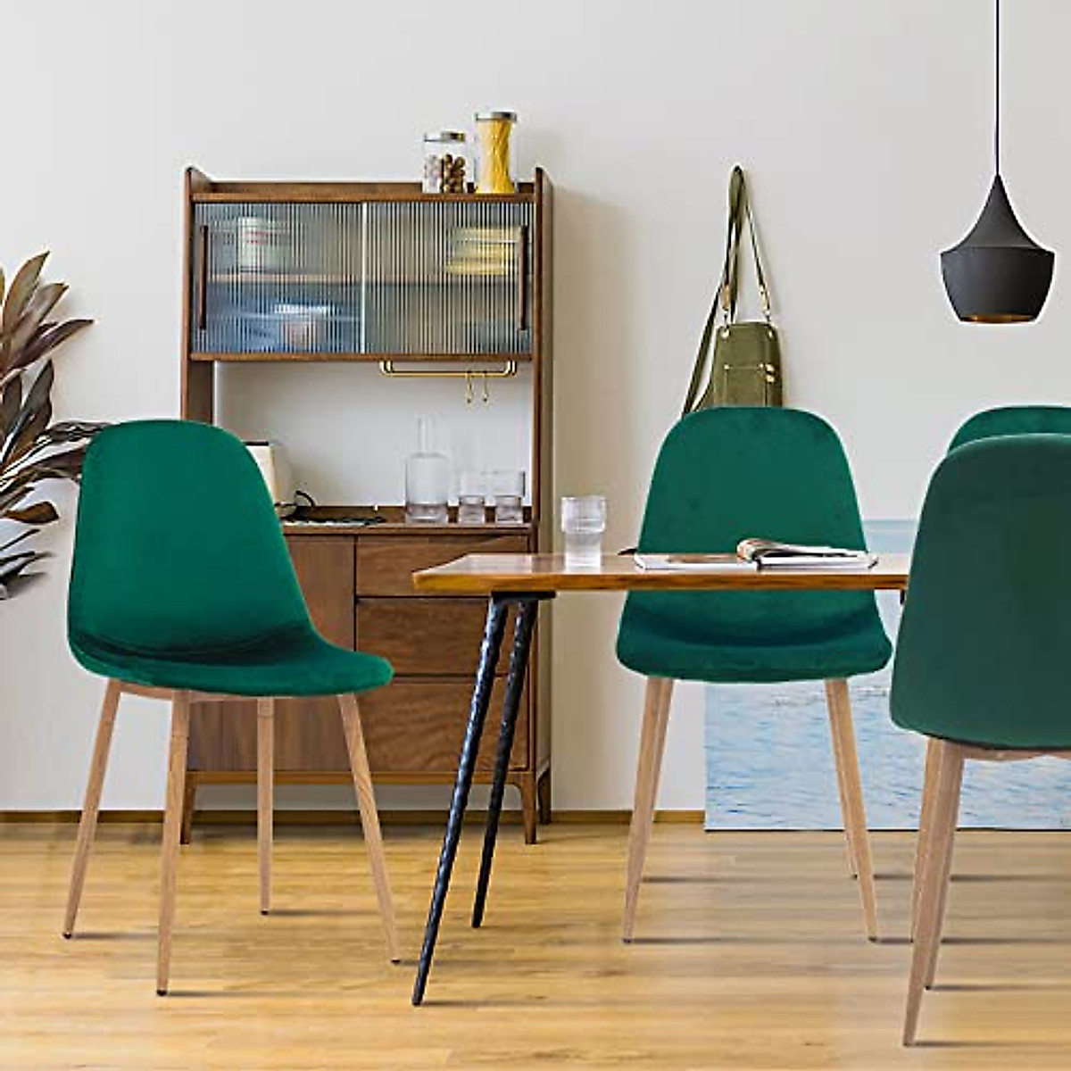CangLong Kitchen Velvet Cushion Seat, Green Back and Metal Legs, Modern Mid Century Living Room Side Dining Chairs, Set of 4