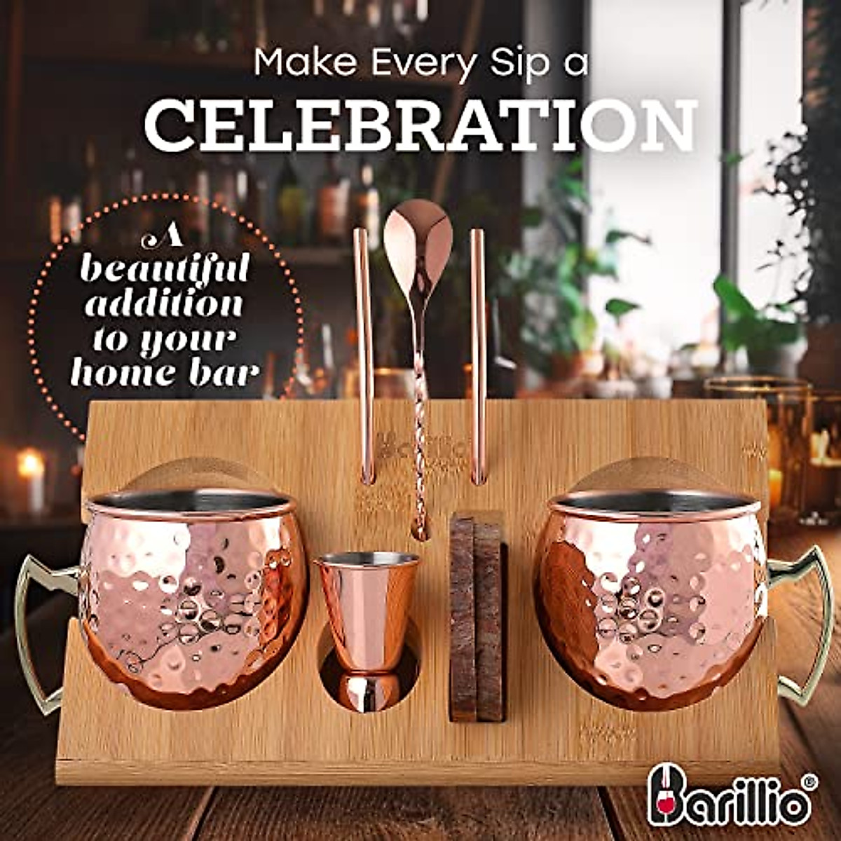barillio Moscow Mule Mug Set of 2 With Bamboo Stand | Large Size 18 oz copper Cups | Stainless Steel Lining & Pure Copper Plating