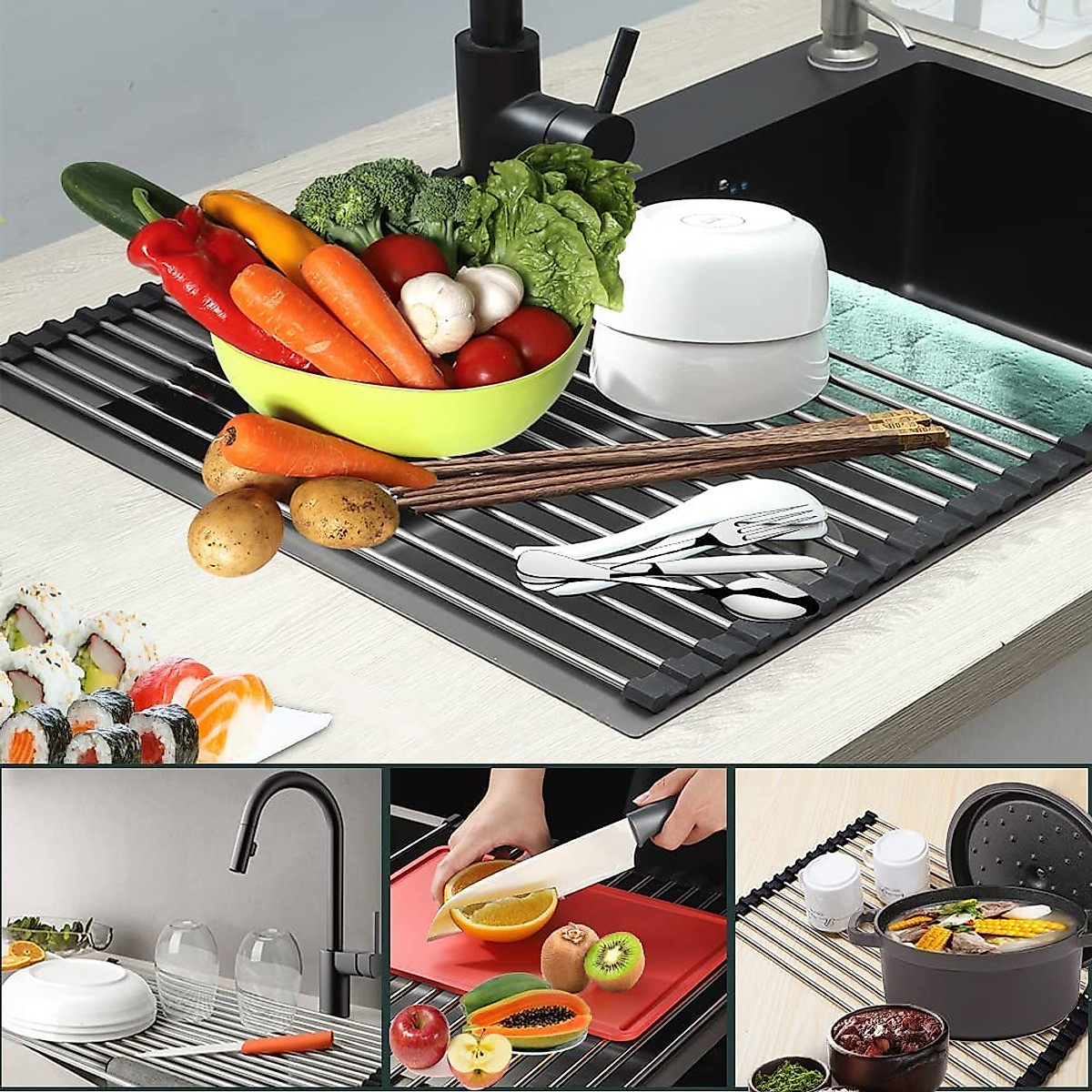 TILB Roll Up Dish Drying Rack Over The Sink Dish Drying Rack, Portable Stainless Steel Rolling Rack for Kitchen Sink, Foldable Drain Rack Easy to Clean and Sturdiness