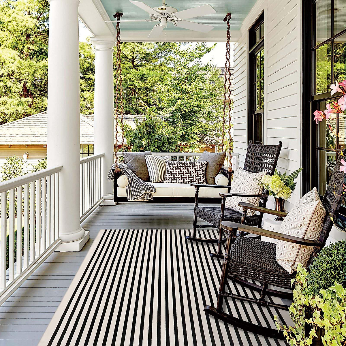 Collive Black and White Outdoor Rug,5x8ft Striped Outdoor Rug,Reversible Washable Patio Rugs,Cotton Hand Woven Indoor Area Rug Floor Carpet for Outdoor/Indoor