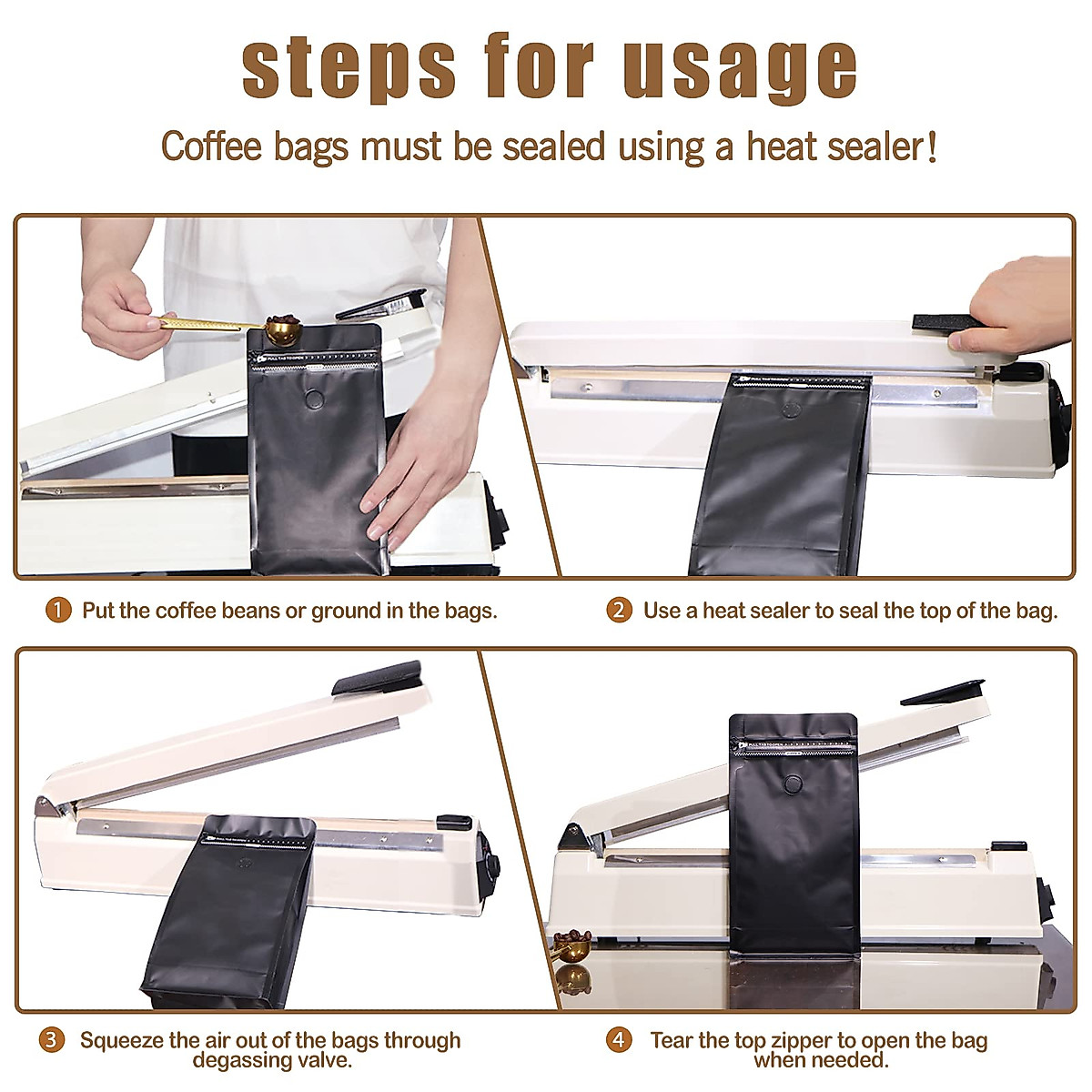 DMPACKDM Coffee Bags with Valve,(50pcs,8 oz/0.5 lb) Flat Bottom White Empty Aluminumed Foil Standing Heat Sealed Coffee Beans Storage Bags,Side Zipper Reusable Bags for Home or Store