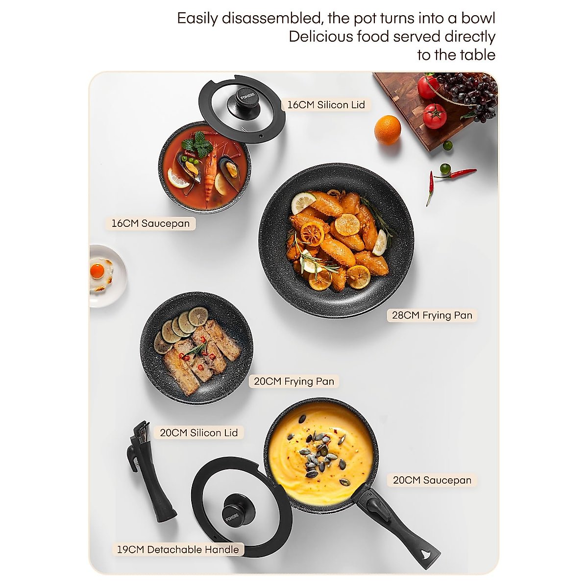 FOHERE 8pcs Pots and Pans Set with 2 Detachable Handles, Aluminum Nonstick Cookware Set, Induction Pan Set, RV Cookware Set, Oven Safe, Stackable