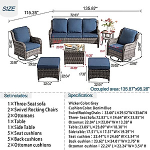 XIZZI Patio Furniture Sets 7 Pieces Outdoor Furniture All Weather Wicker Conversation Set with 360 Degree Swivel Rocking Chairs and Matching Side Table,Grey Wicker Denim Blue