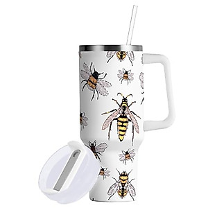 CIJEMAPW Wasp Small Funny Bee Insulated Tumblers Embroidery 40 oz Water Bottles Travel Mug with Handle and Straw Lid Leakproof School Work Outdoor for Women & Men