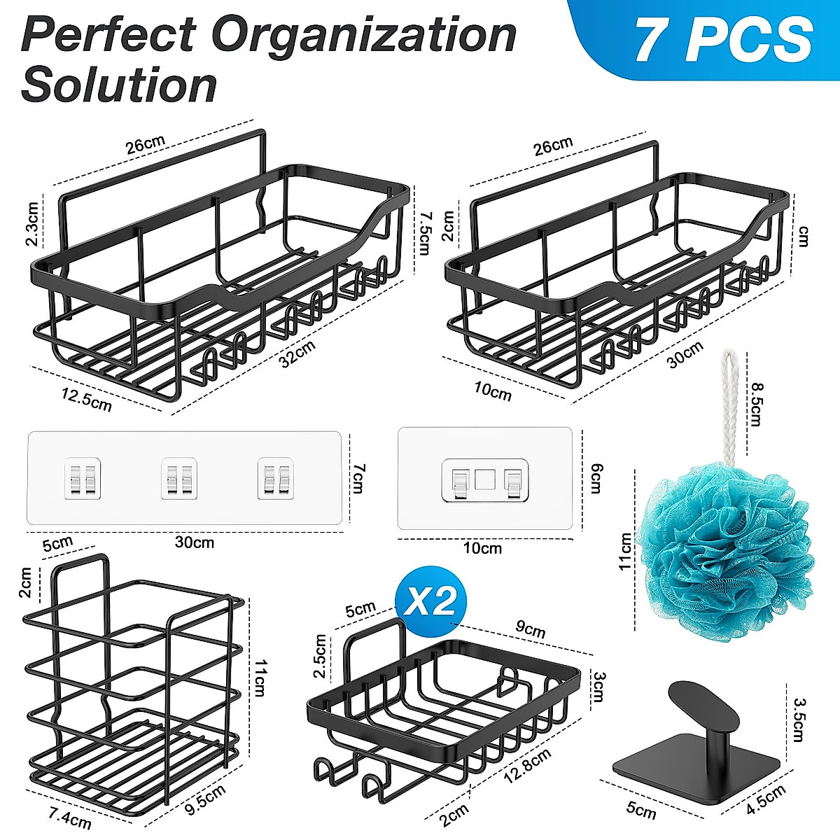 JELLYMONI Shower Caddies 7 PCS Black Stainless Steel Shower Shelves Adhesive Shower Organizer Extra Large Capacity Bathroom Shower Storage Rack Decor With Bath Sponges Towel Hooks