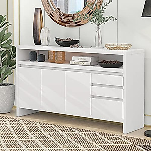 VZADGWA Modern Sideboard Buffet Storage Cabinet with Drawers & Adjustable Shelves, Free Standing Cabinet Kitchen Console Table for Dining Living Room, Entryway, MDF, White