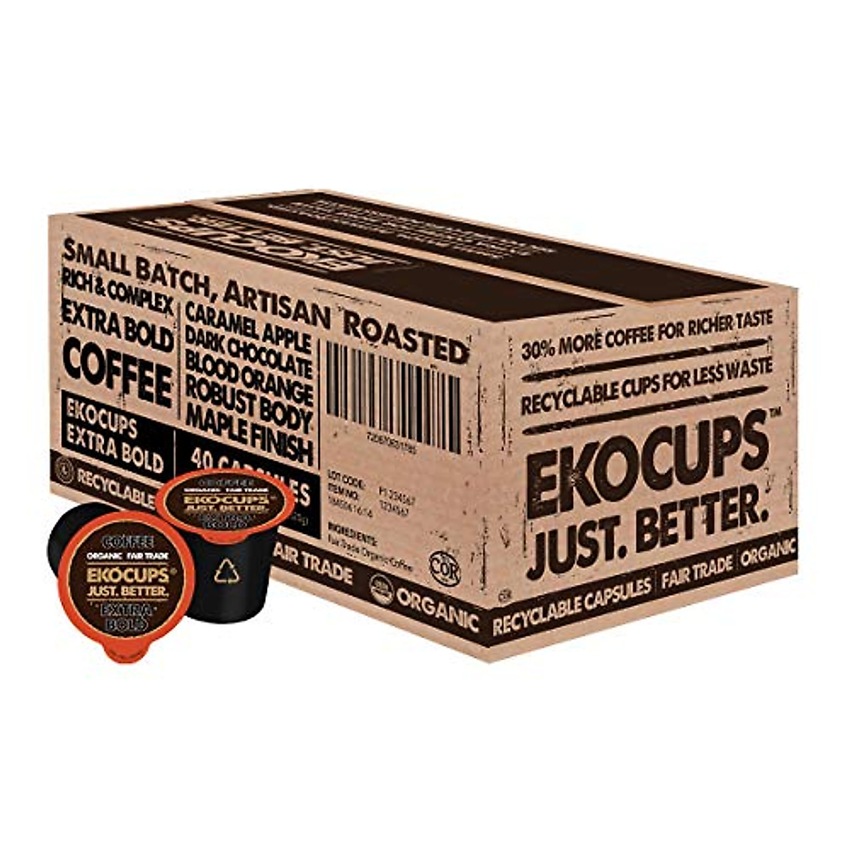 EKOCUPS Organic Extra Bold Roast Coffee Pods, Extra 30% More Coffee Per Cup, Artisan Fair Trade Dark Roast, Extra Bold Coffee for Keurig K Cup Machines, Recyclable Pods, 40 Count