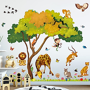 Jungle Animal and Tree Wall Decals Removeable DIY Flower Lion Giraffe Owls Wall Sticker Peel and Stick Wall Decor for Nursery Kids Room Bedroom Living Room