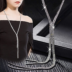 Sither Silver Crystal Necklace for Women Long Sweater Chain Statement Necklace for Wedding Jewelry for Dressy Winter Evening Party