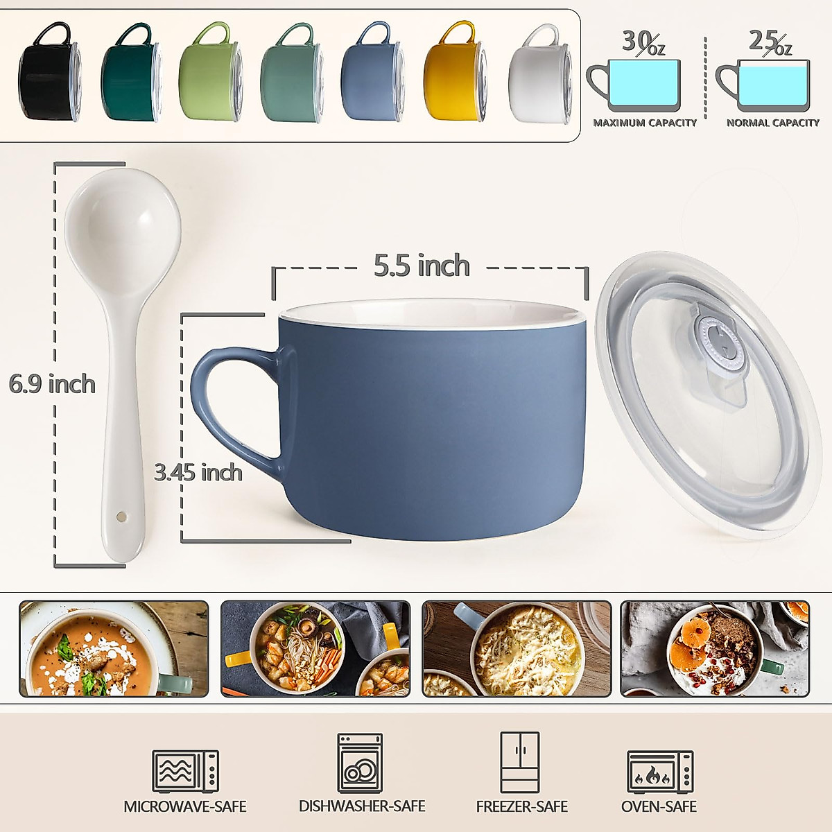 Wareland Soup Bowls with Handles & Spoons, 30oz Ceramic Ramen Bowl with Lid, Large Soup Mugs/Cups for Instant Noodle, Big Cereal Bowls for Oatmeal, Soup Containers with Lids, Set of 2, Sky Blue