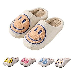 FACAXEDRE Smile Face Slippers for Women Fuzzy Happy Face for Woman Ladies Bedroom Woman Indoor and Outdoor Retro Home House Beige 7-8
