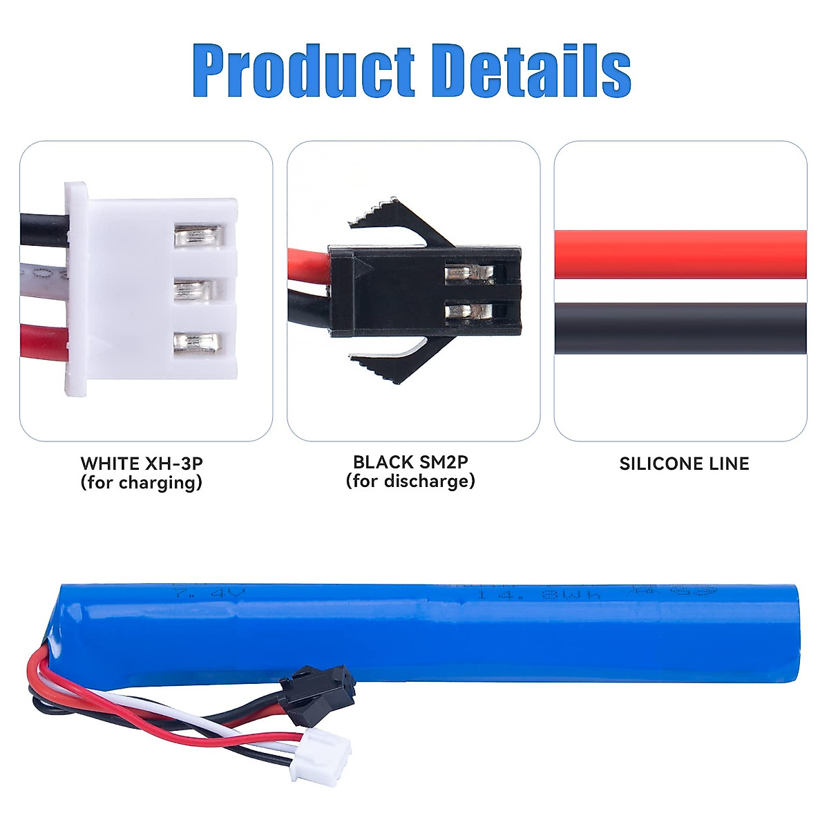 OooSure 2 pcs 7.4V Batteries 2000mAh for SRB1200 SRB400 SRB400-SUB MP5K M4 M110 for Hobby Remote App Controlled Vehicle Water Bead Blaster Airsoft Gun with 2S USB Charger and Mini Tamiya Switch Cable