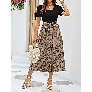 Miladusa Women Casual Midi Dress Square Neck Short Sleeve Modest Work Dress with Pockets