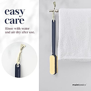 MainBasics Shower Brush Back Scrubber Dual-Sided Body Brush Long Handle with Soft and Stiff Bristles for Dry & Wet Brushing (Navy Blue)