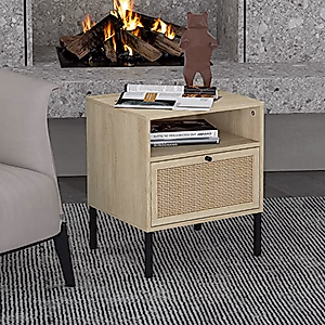 Natural Rattan Nightstand, End Table, Bedside Table, Modern Side Table with 1 Hand Made Decorated Door for Living Room, Bedroom