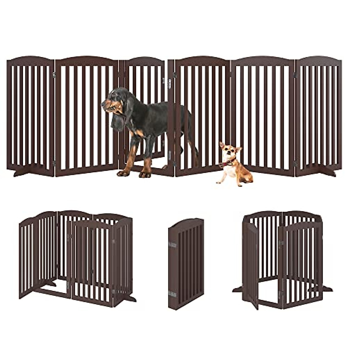 BHG No-Assembly Freestanding Dog Gate with Door, Extended Wide 120" Tall 36" Wooden Pet Gate, Accordion Folding Playpen Fence, 2PCS Support Feet Included, for The House - Espresso